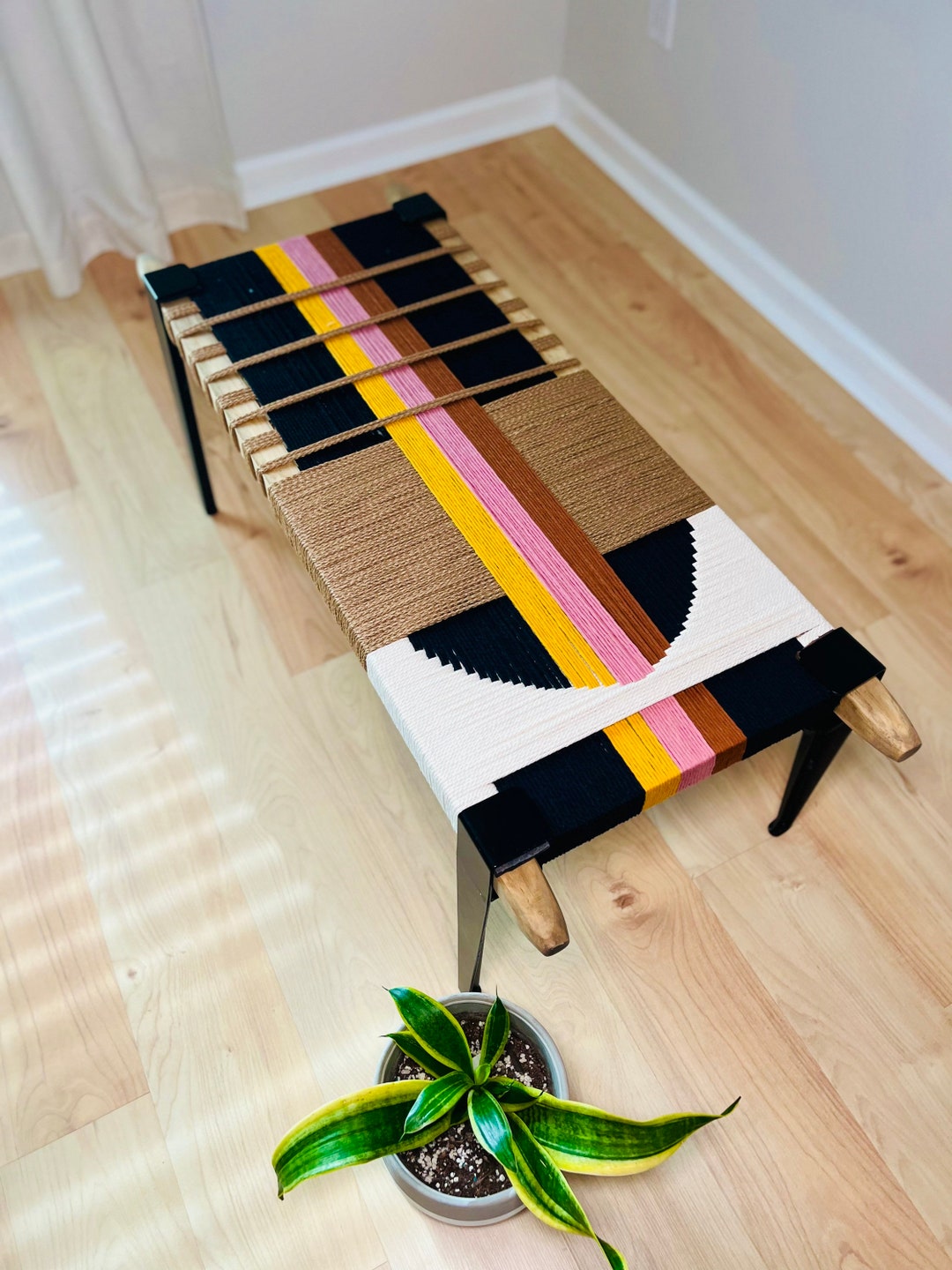 Hand-woven Entryway Bench • MCM Style End of Bed & Mudroom Seating ...