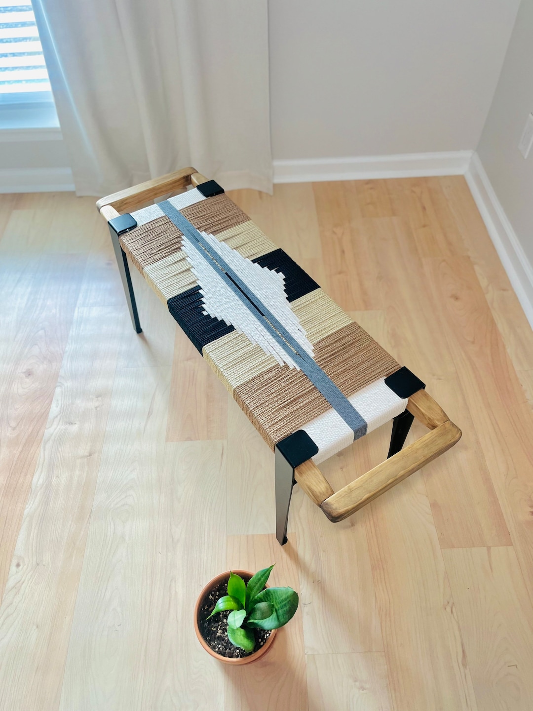 Hand-woven Entryway Bench • MCM Style End of Bed & Mudroom Seating ...