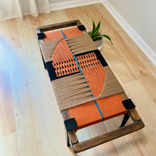 Hand Woven Bench Mid Century Woven Bench Modern Entryway - Etsy