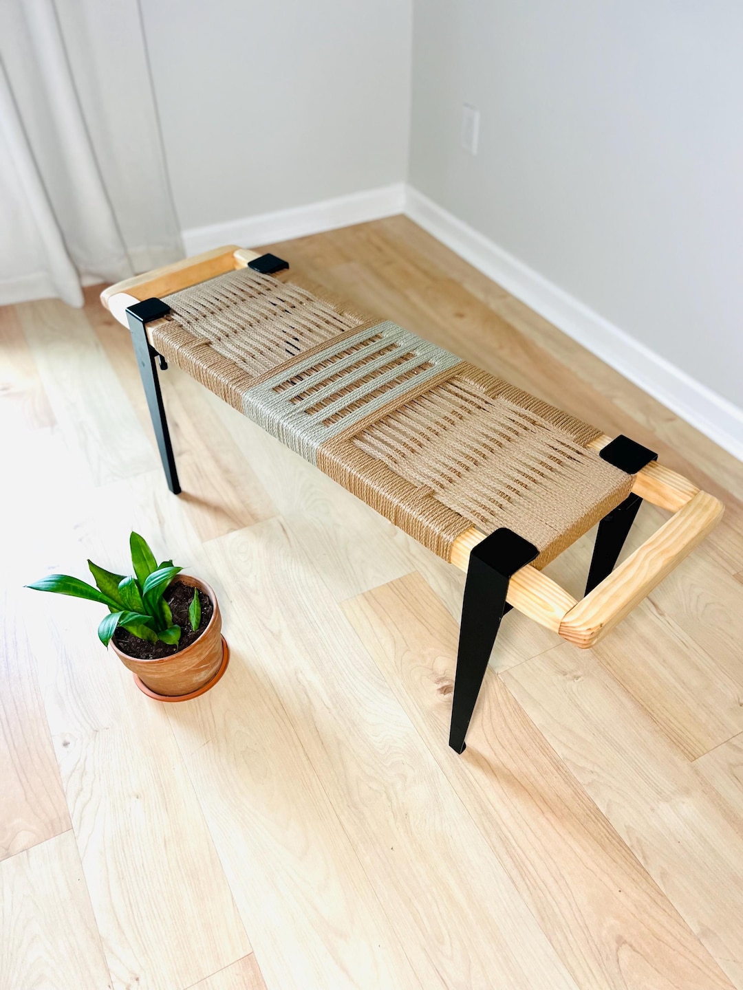 Hand-woven Entryway Bench • MCM Style End of Bed & Mudroom Seating ...
