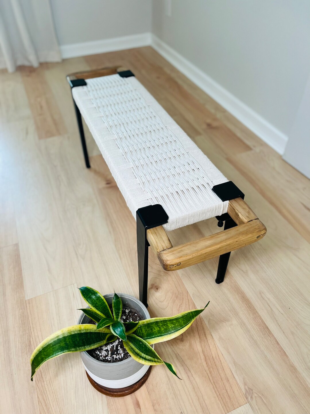 Mid-century Modern Style Bench Mudroom / Entryway Bench Hand Woven End ...