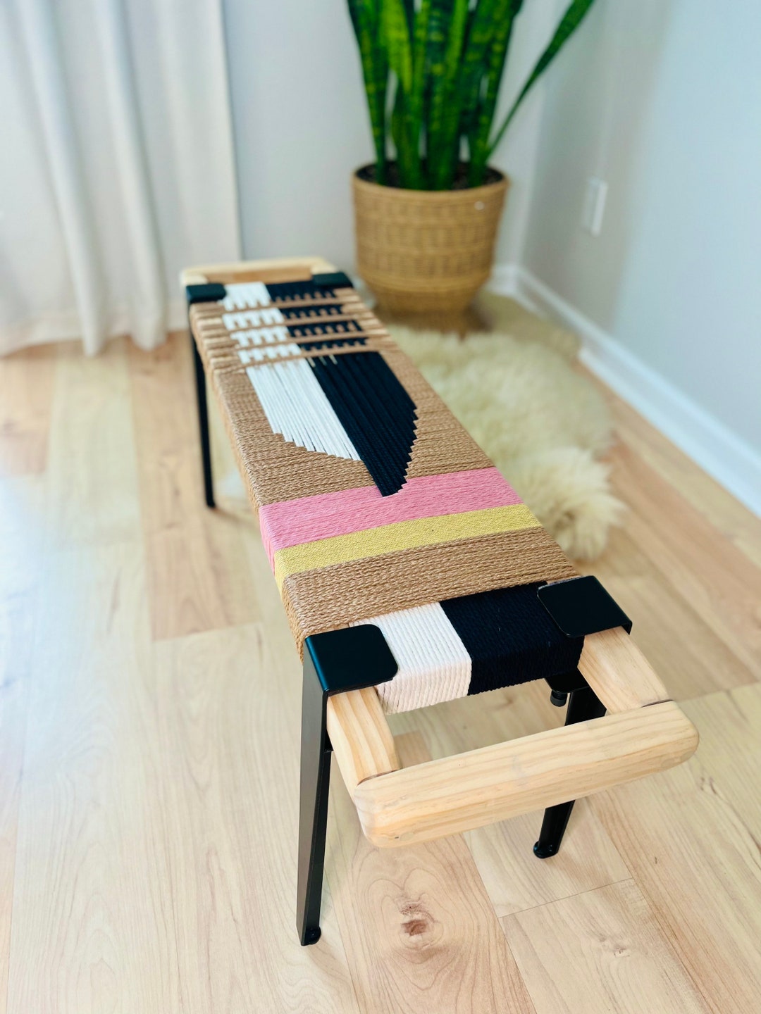 Hand-woven Entryway Bench • MCM Style End of Bed & Mudroom Seating ...