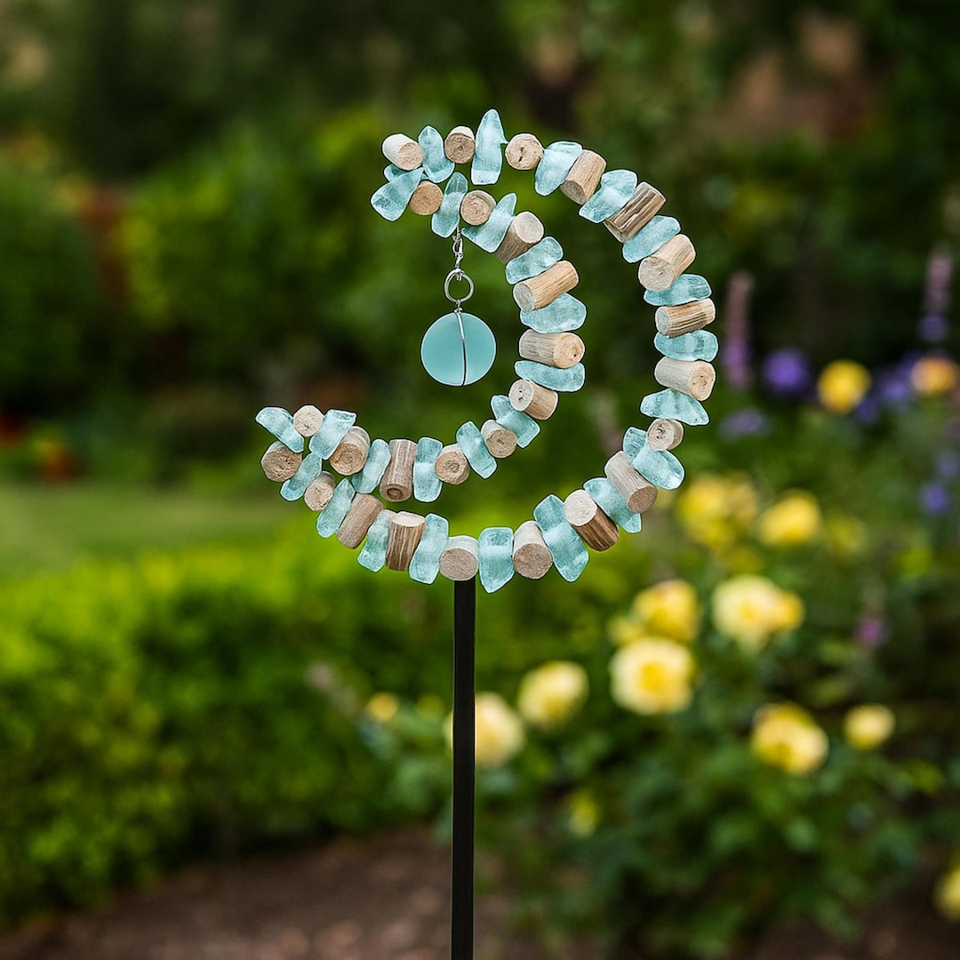 Lunar Moon Garden Stake With Hanging Orb, Recycled Glass & Driftwood ...
