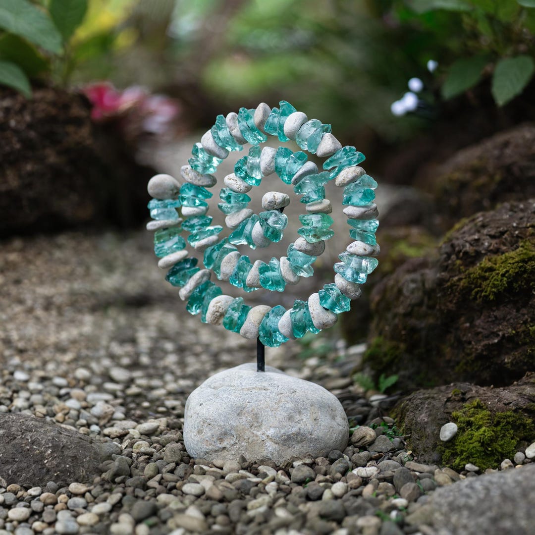 Recycled Glass Swirl Sculpture With River Stone Base, Handmade Memorial ...