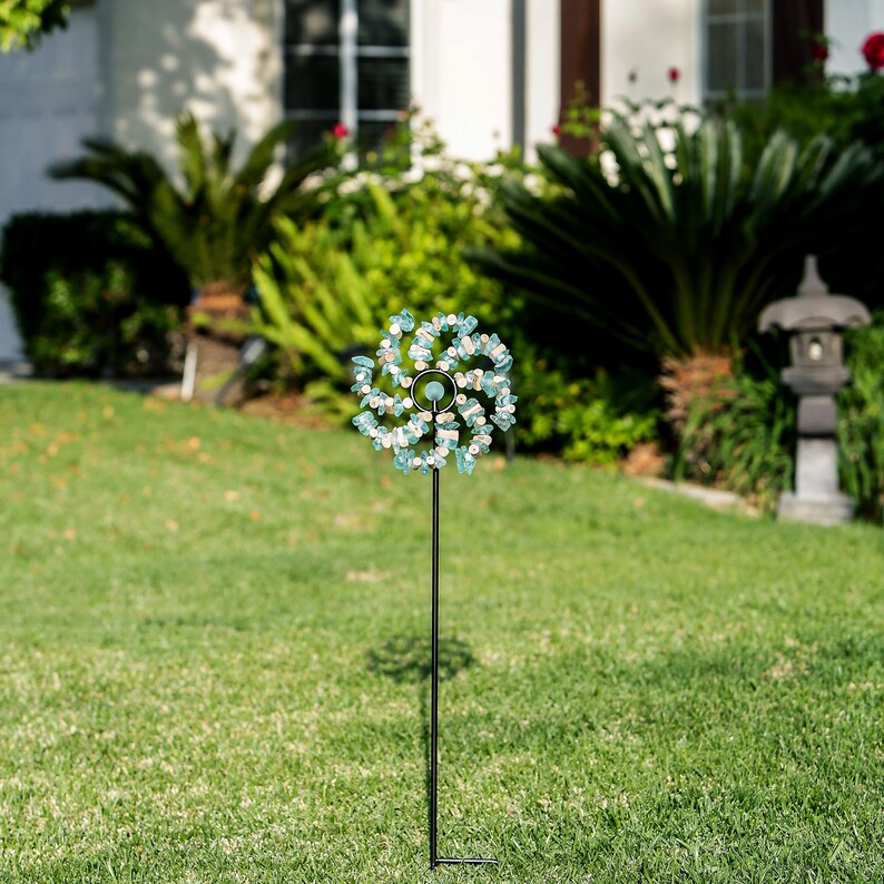Aqua Whirl Spiral Garden Stake With Recycled Glass & Driftwood - Etsy