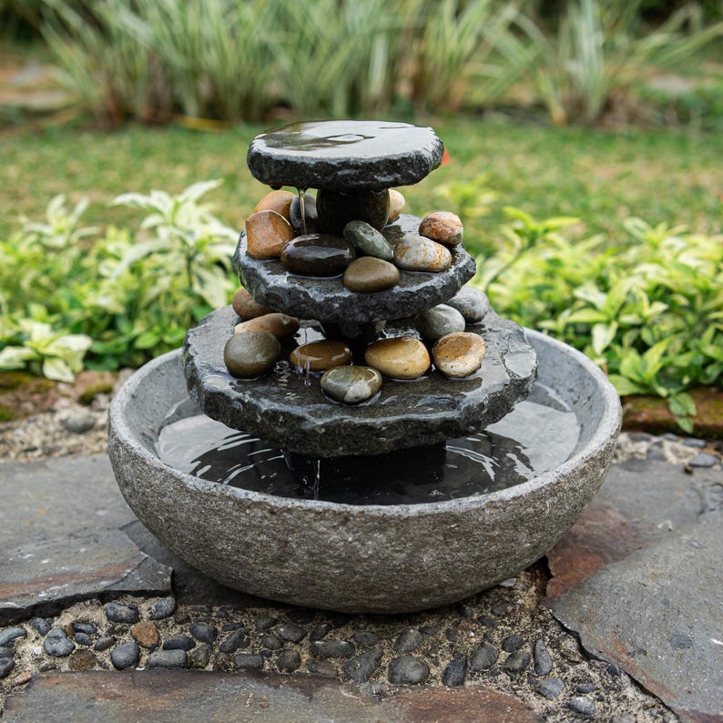 Natural Slate 3-tier Fountain With Carved River Stone Base - Etsy