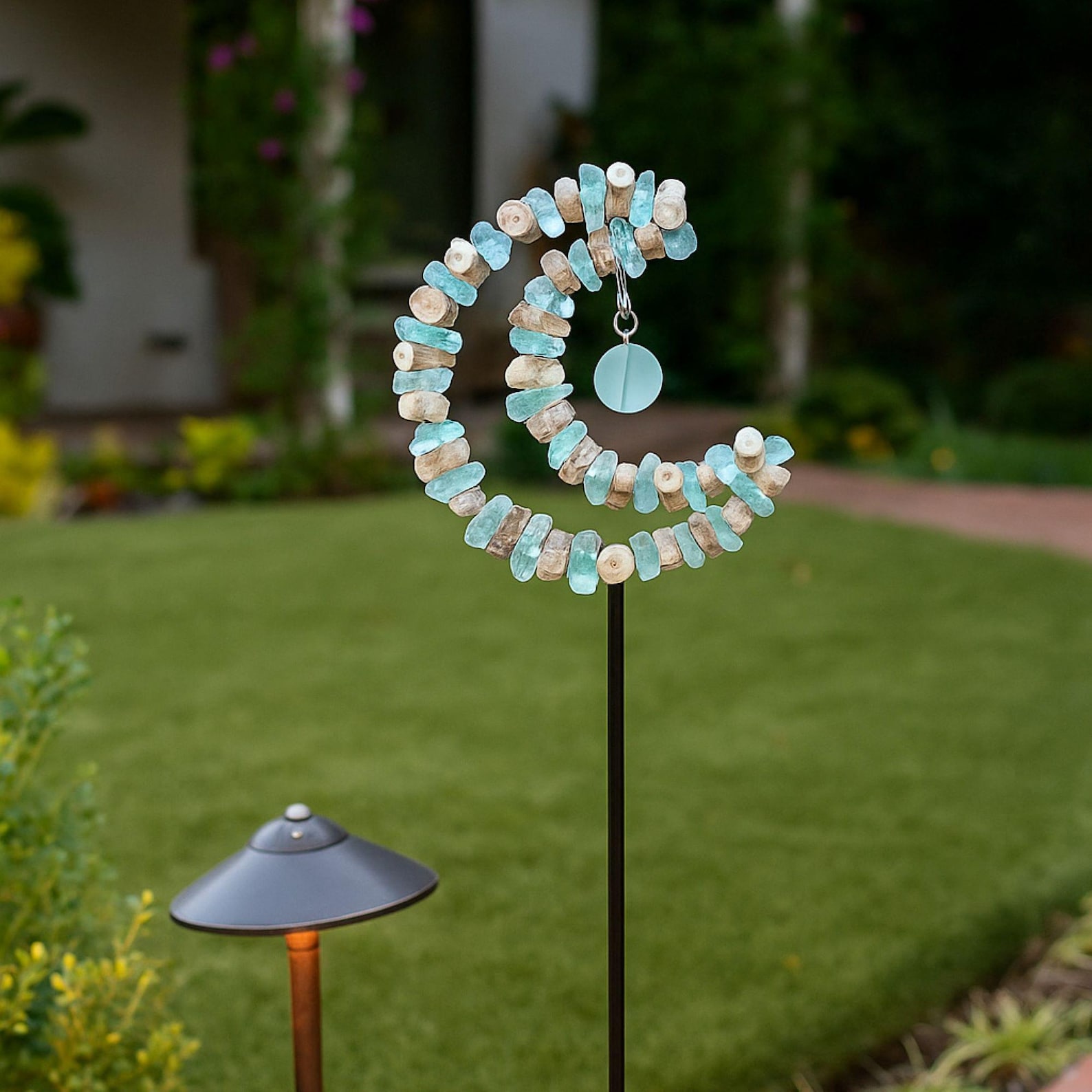 Lunar Moon Garden Stake With Hanging Orb, Recycled Glass & Driftwood ...