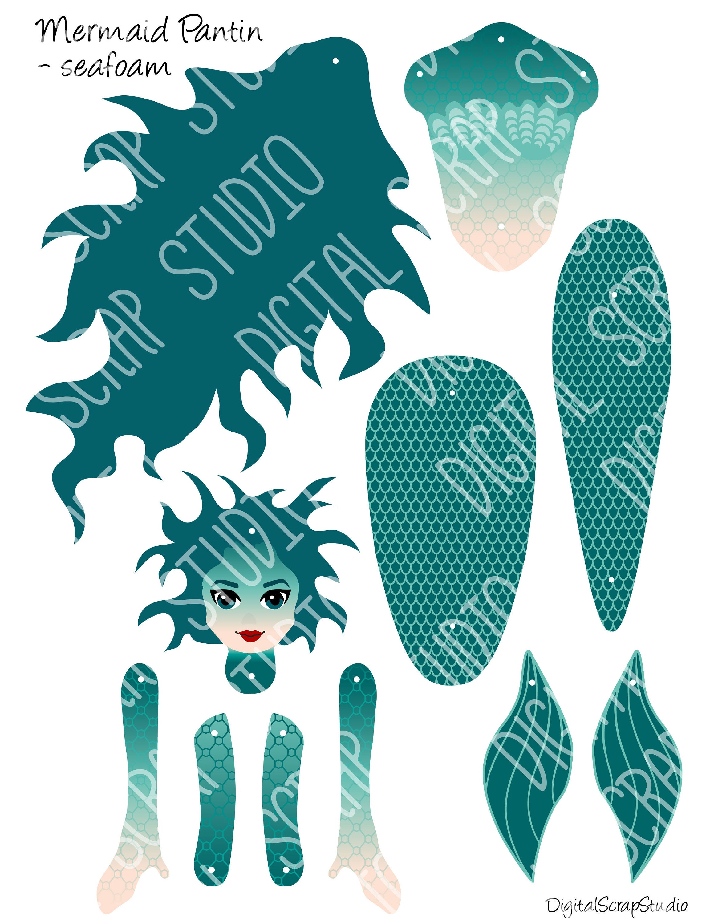 Seafoam Mermaid Articulated Paper Doll, Instant Download, Fantasy Paper ...