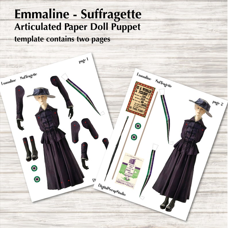 Emmaline Suffragette Articulated Paper Doll Puppet, Jointed Paper Doll ...