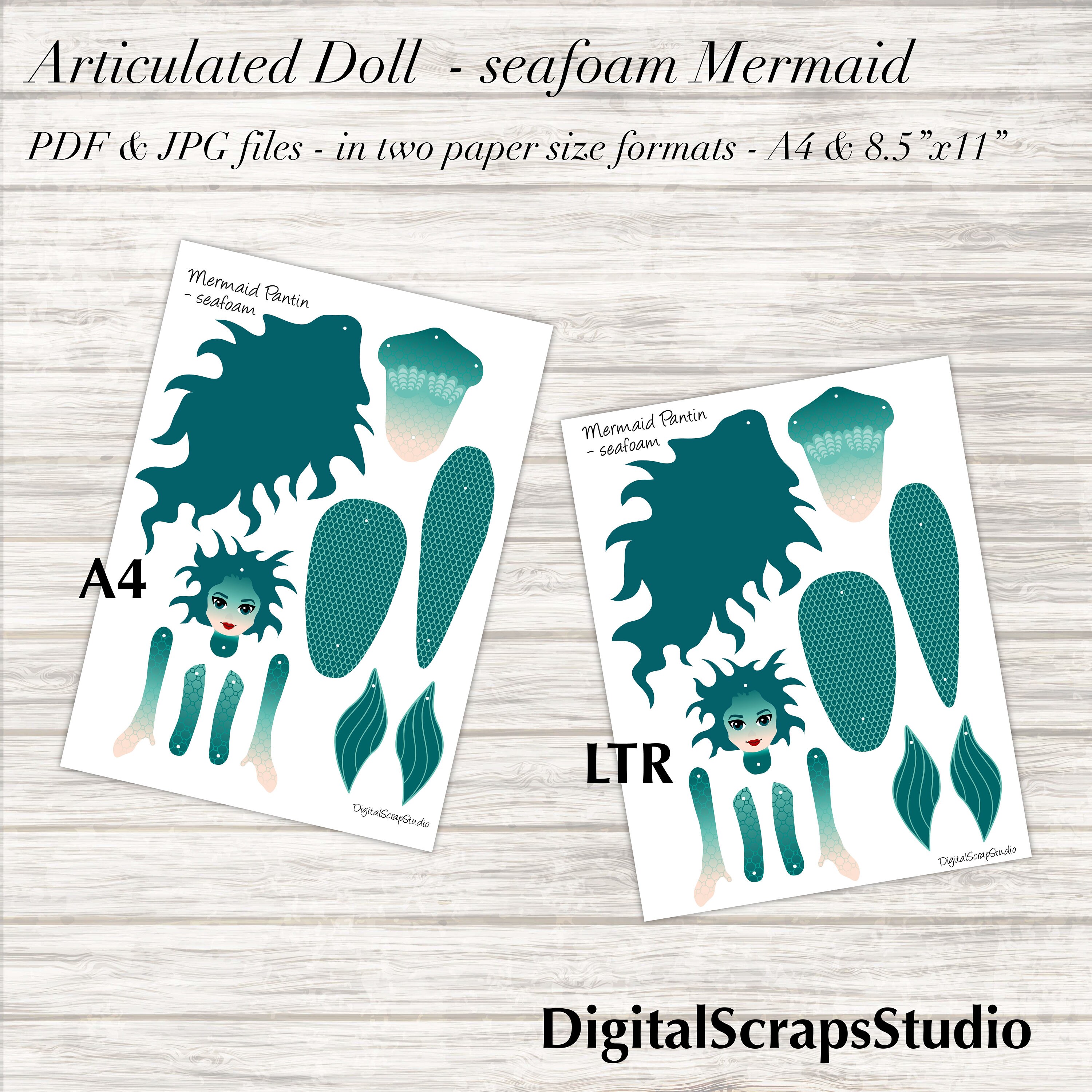 Seafoam Mermaid Articulated Paper Doll, Instant Download, Fantasy Paper ...