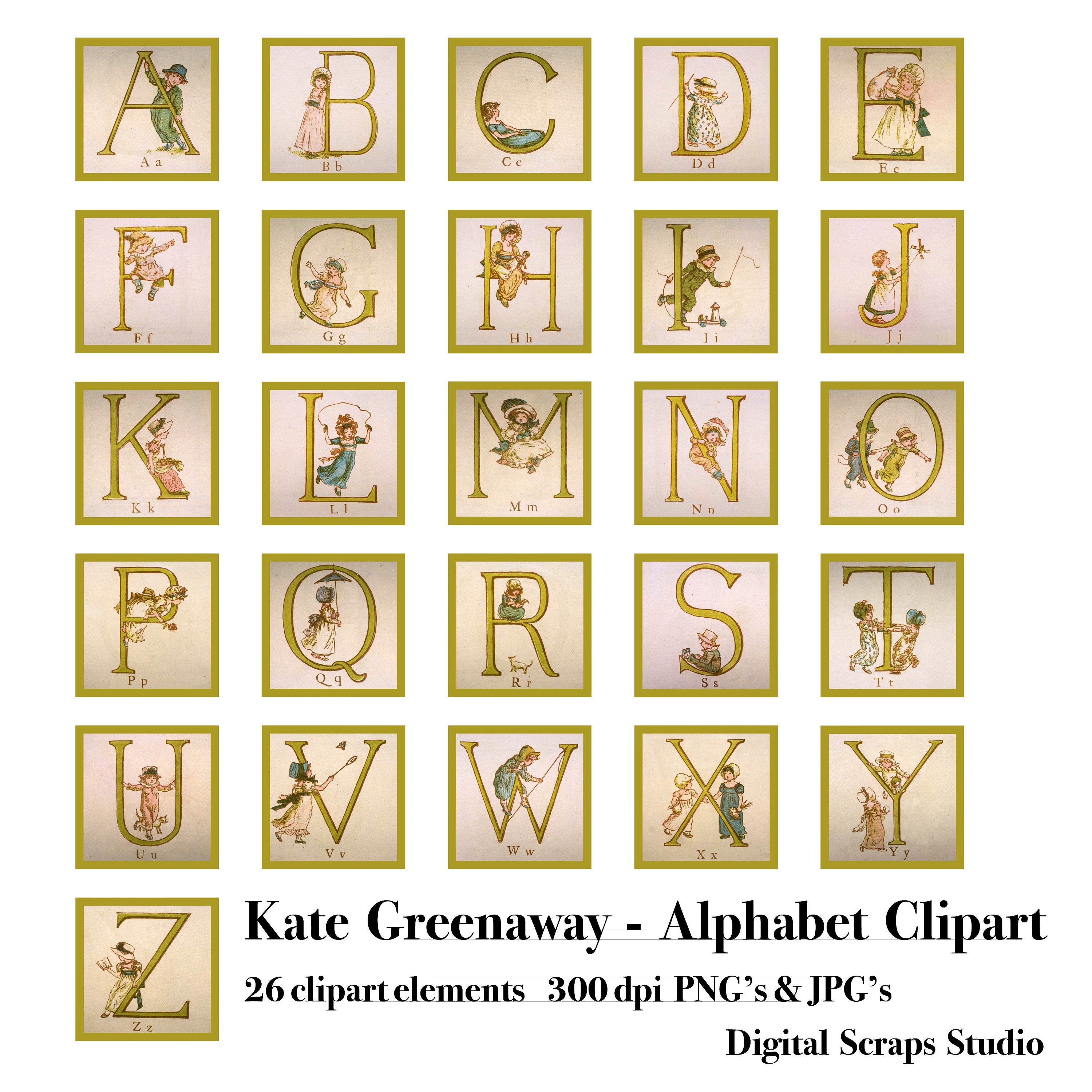 Kate Greenaway Alphabet Clipart: Vintage Victorian Letters (PNG & JPG ...