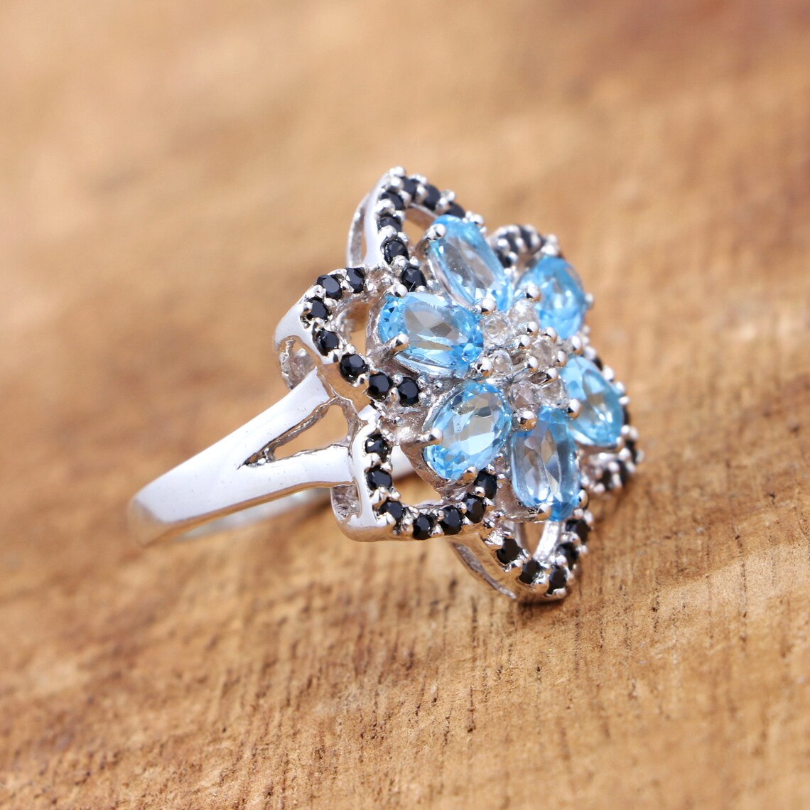 Mind Blowing Ring of Blue Topaz and Black Spinel 925 Sterling - Etsy
