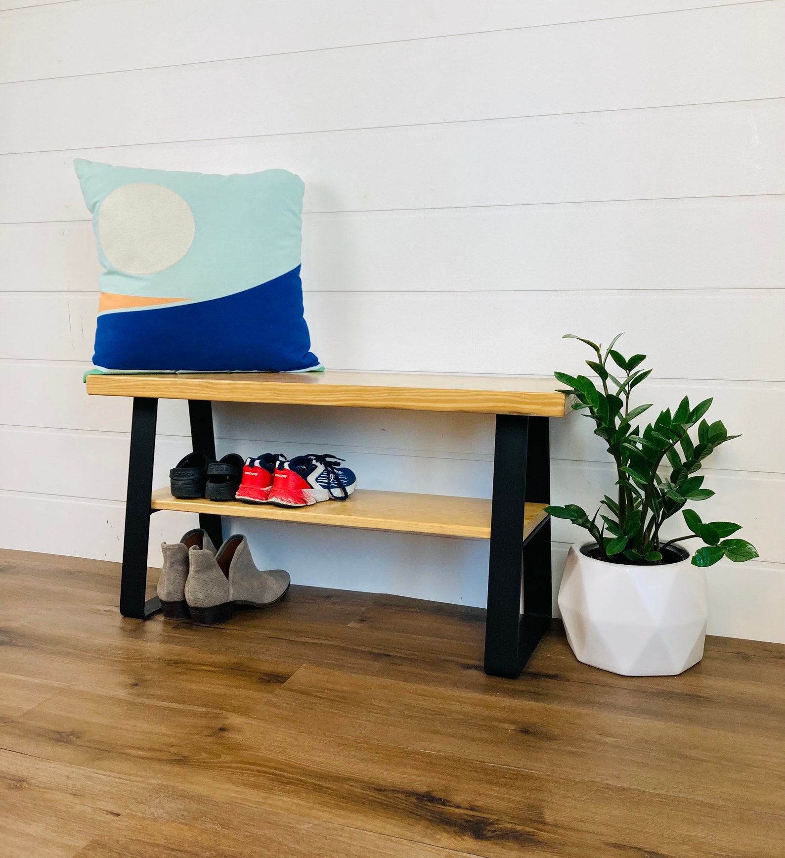Farmhouse Entryway Bench With Trapezoid and Reclaimed Wood - Etsy