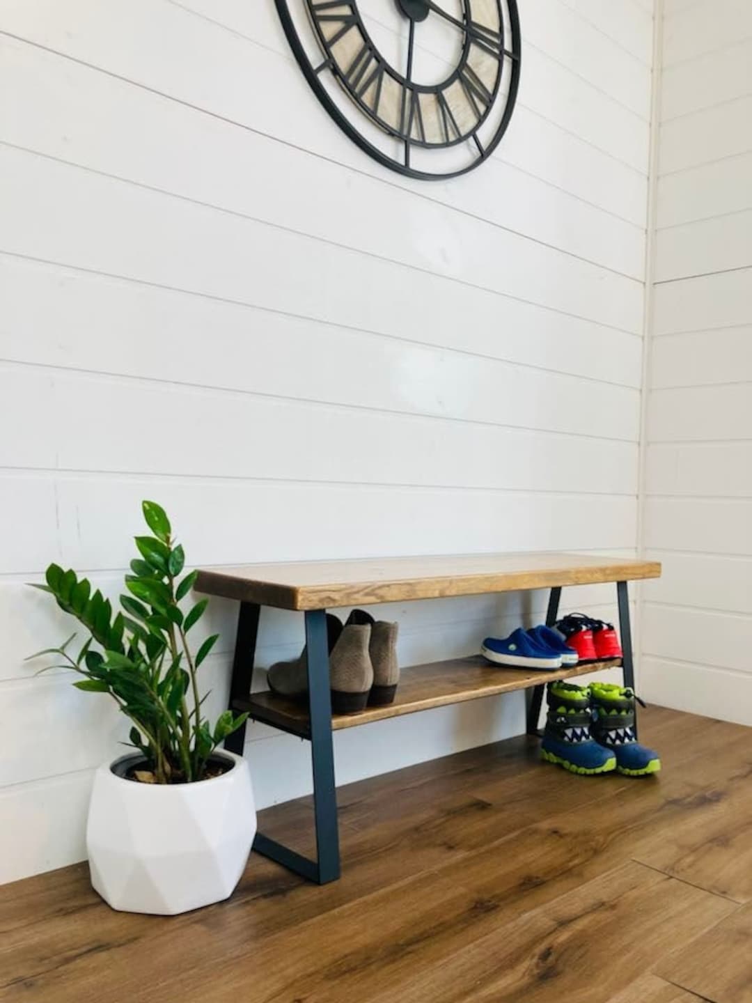 Farmhouse Entryway Bench With Trapezoid and Reclaimed Wood, Farmhouse ...