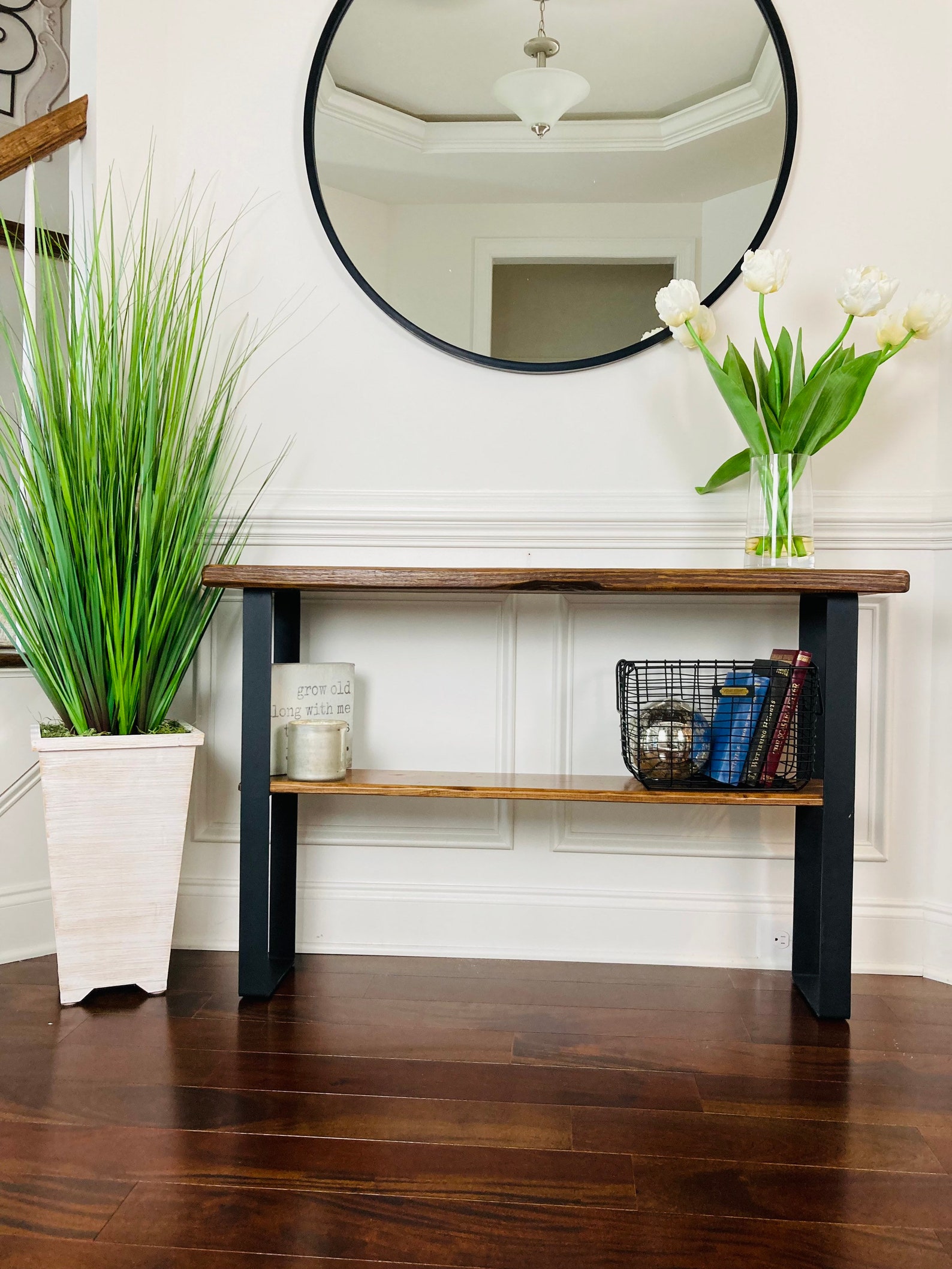Entryway Table Console With Metal Legs and Distressed Wood, Entryway ...