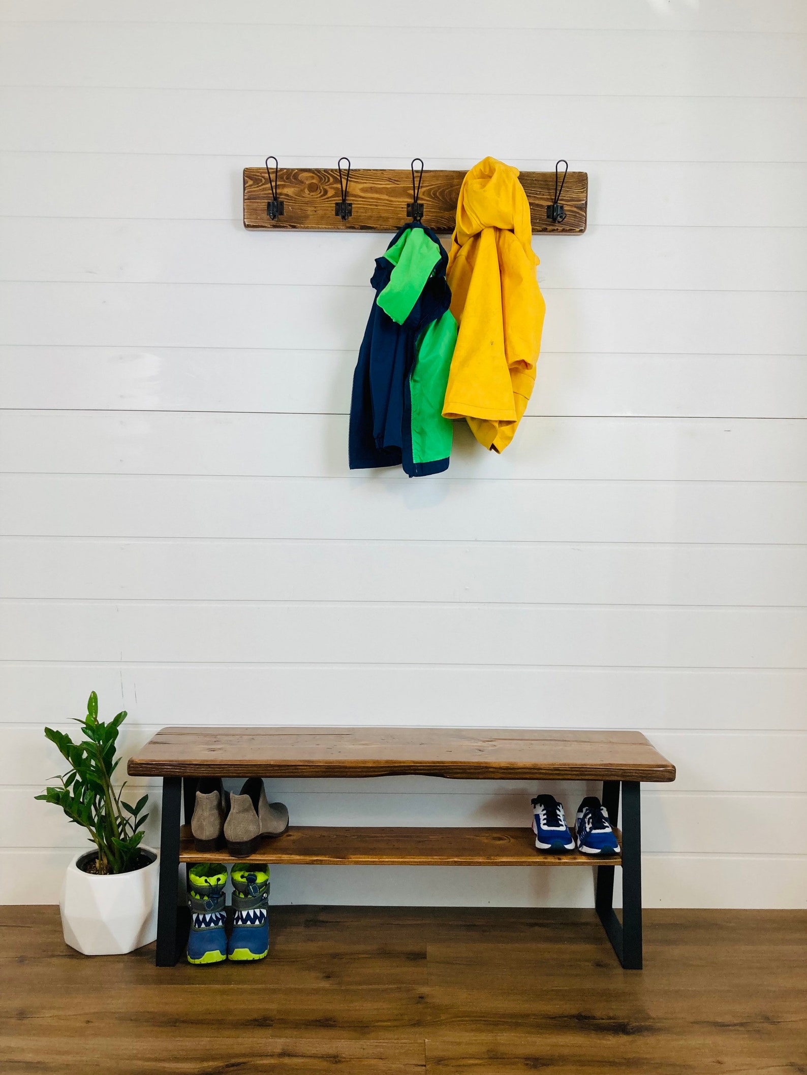 Coat Rack and Bench Distressed Wood Matching Set, Farmhouse Entryway ...