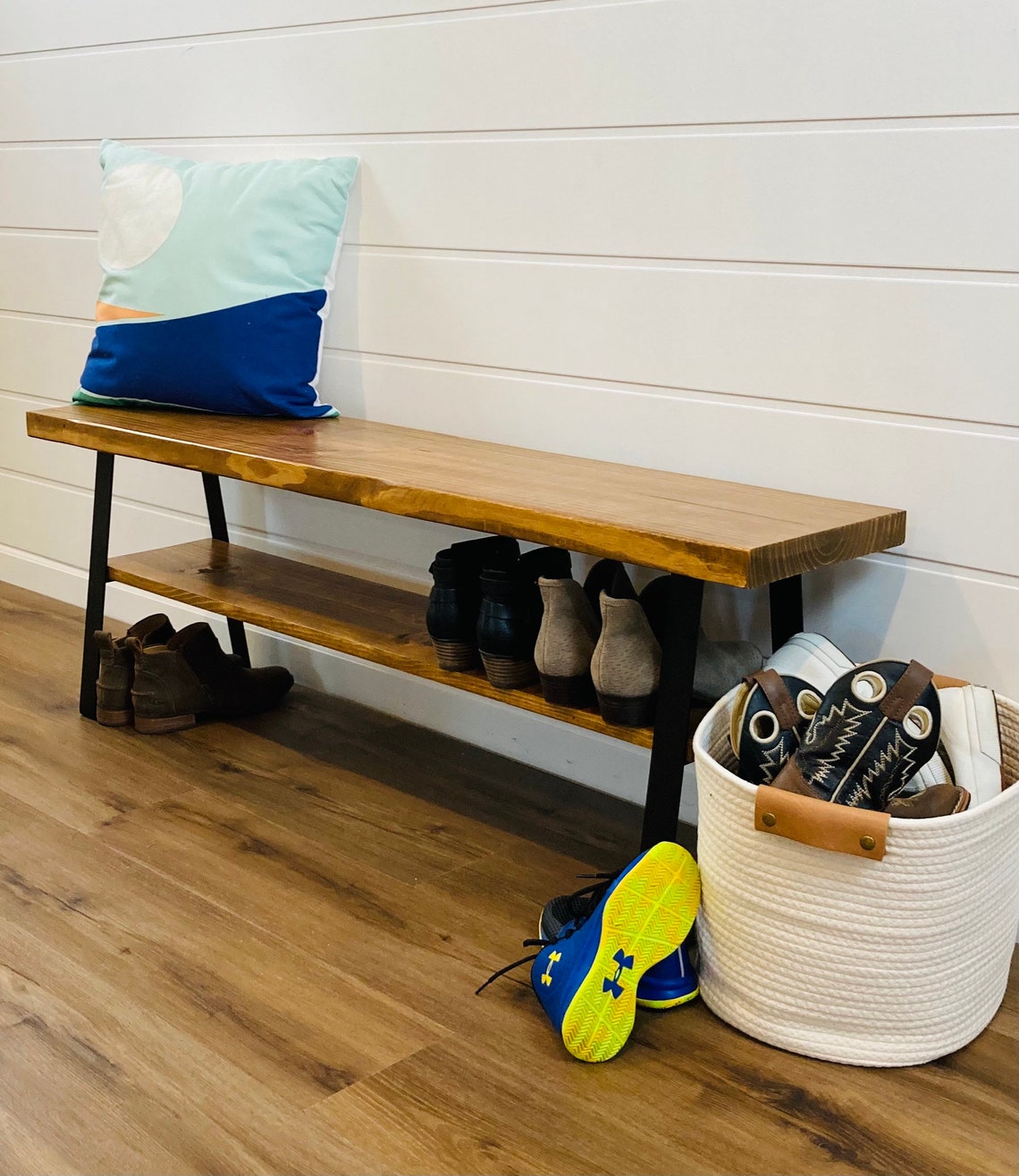 Farmhouse Entryway Bench With Trapezoid and Reclaimed Wood - Etsy
