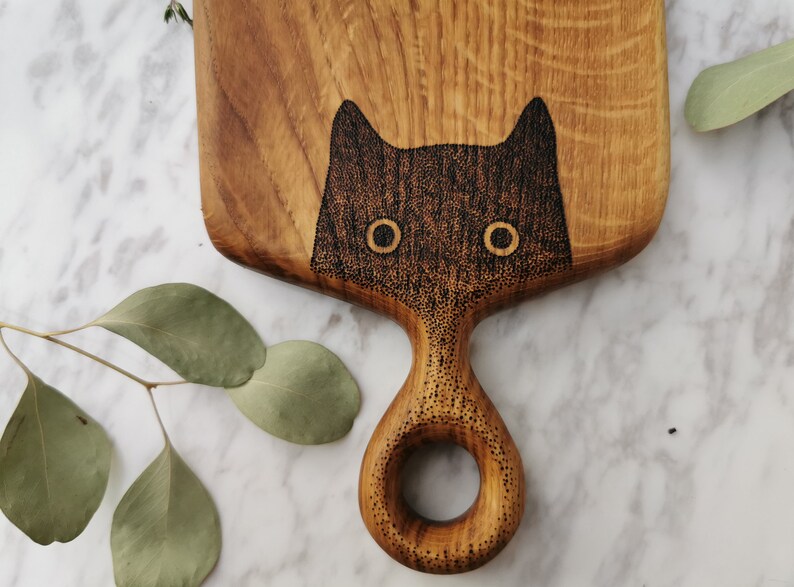 Handmade Bread Board With Black Cat Pyrography Art, Charcuterie Board ...