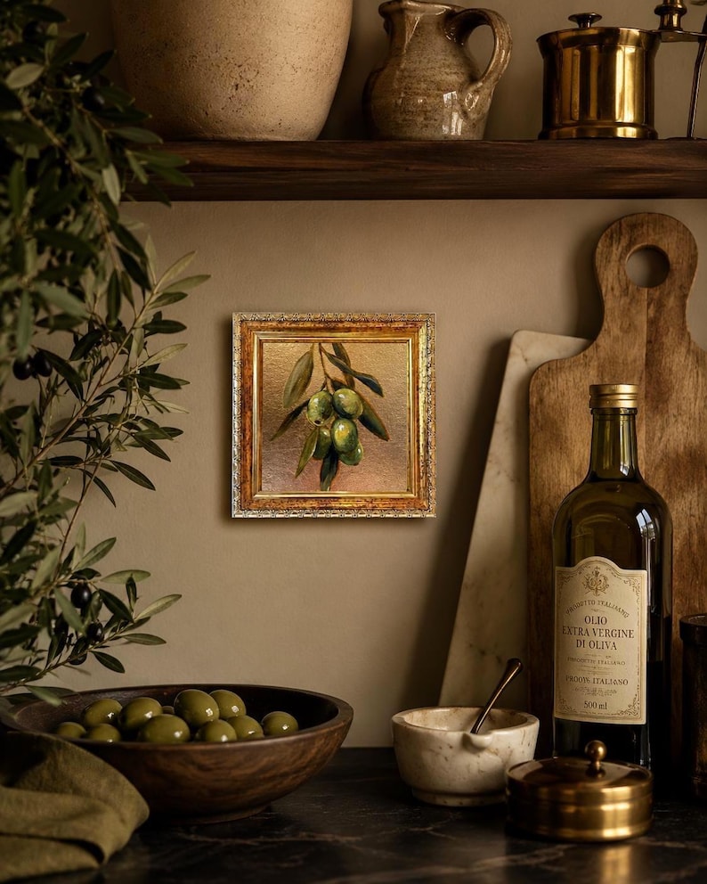 Olive Branch Painting, 4x4 Mini Original Oil Art With Gold Leaf ...