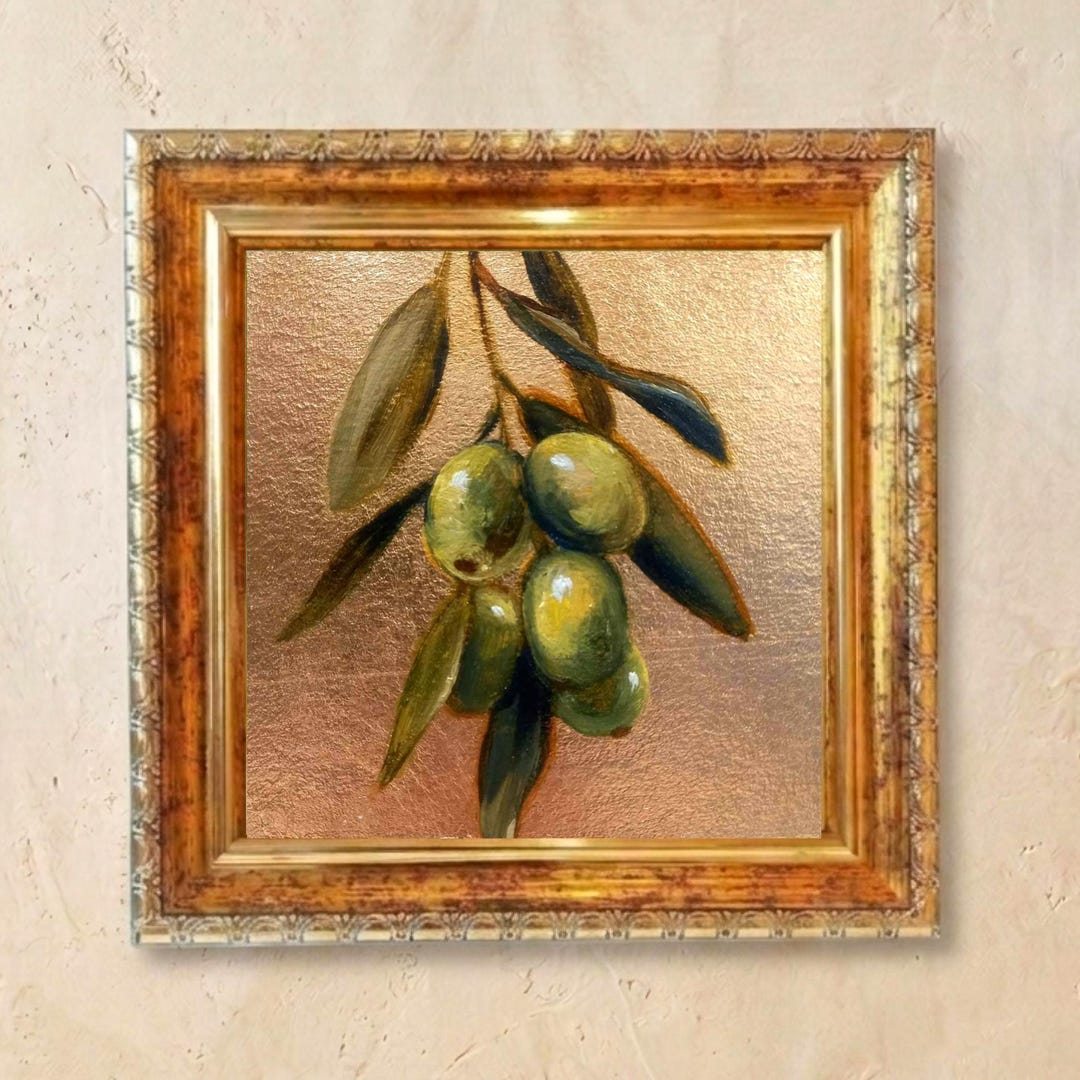 Olive Branch Painting, 4x4 Mini Original Oil Art With Gold Leaf ...