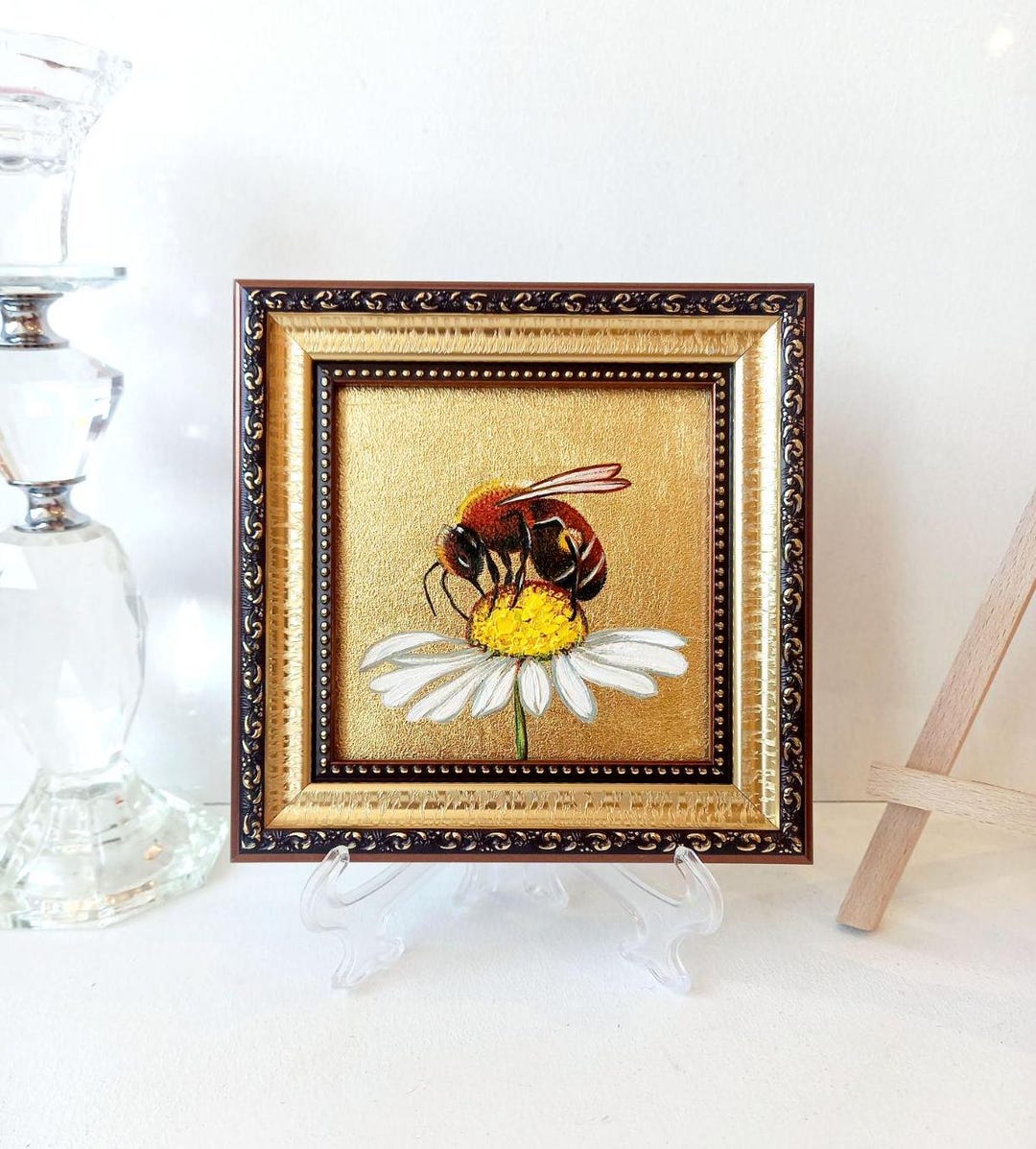 Honey Bee Painting Miniature Oil Painting With Gold Leaf Framed Bee Art ...
