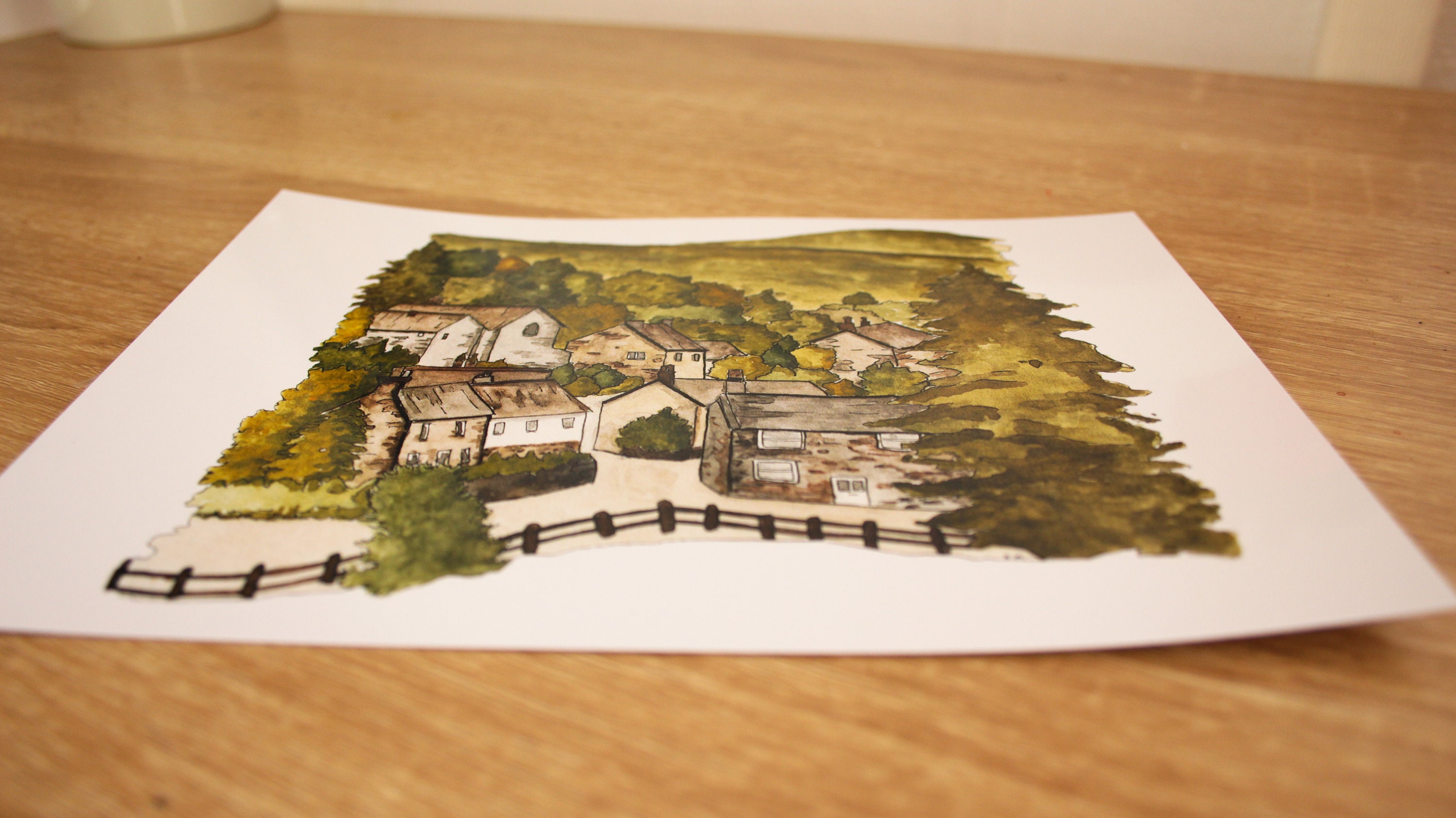 Illustrated Idealic Village Scene Castleton, Derbyshire English ...