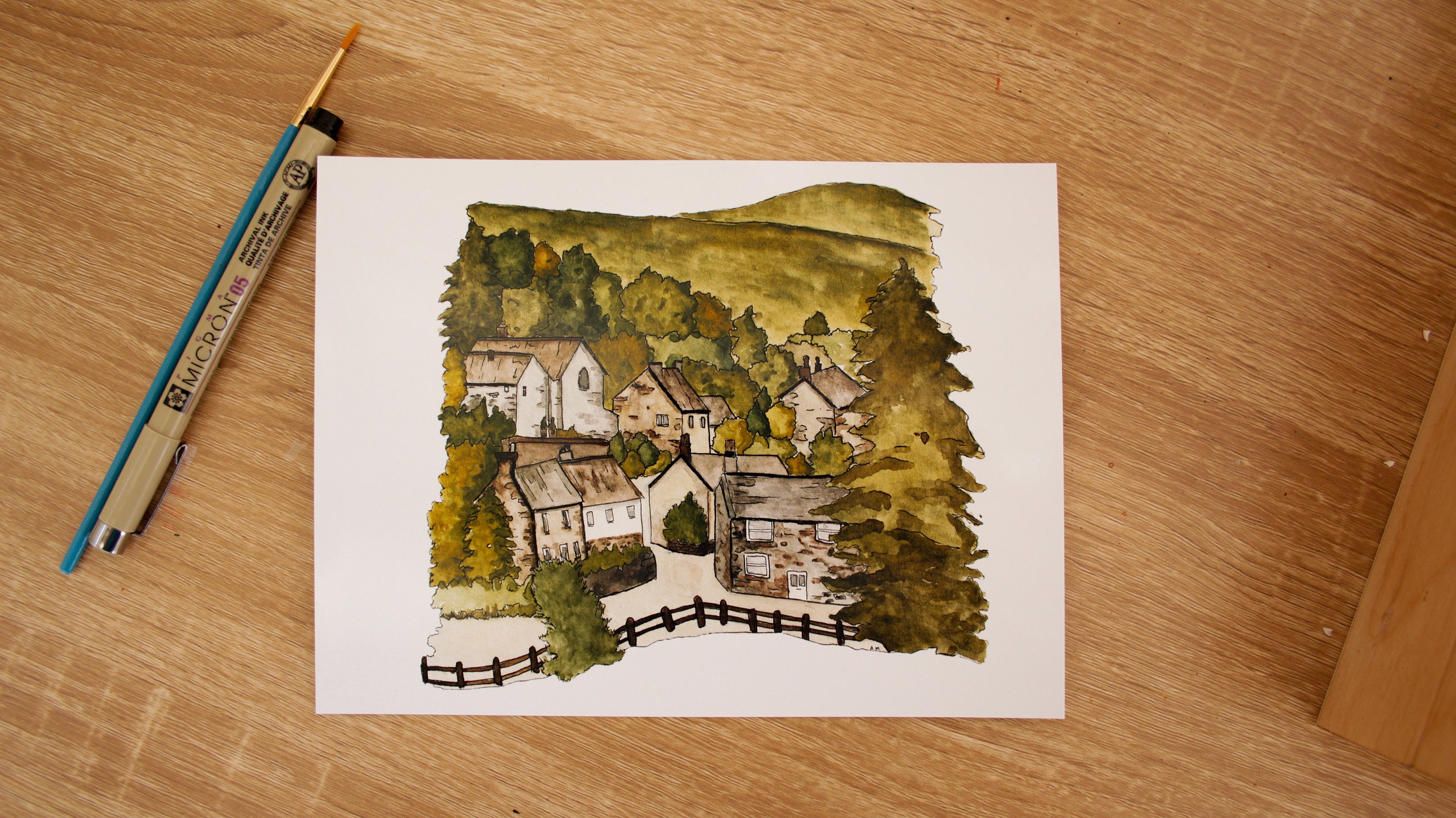 Illustrated Idealic Village Scene Castleton, Derbyshire English ...