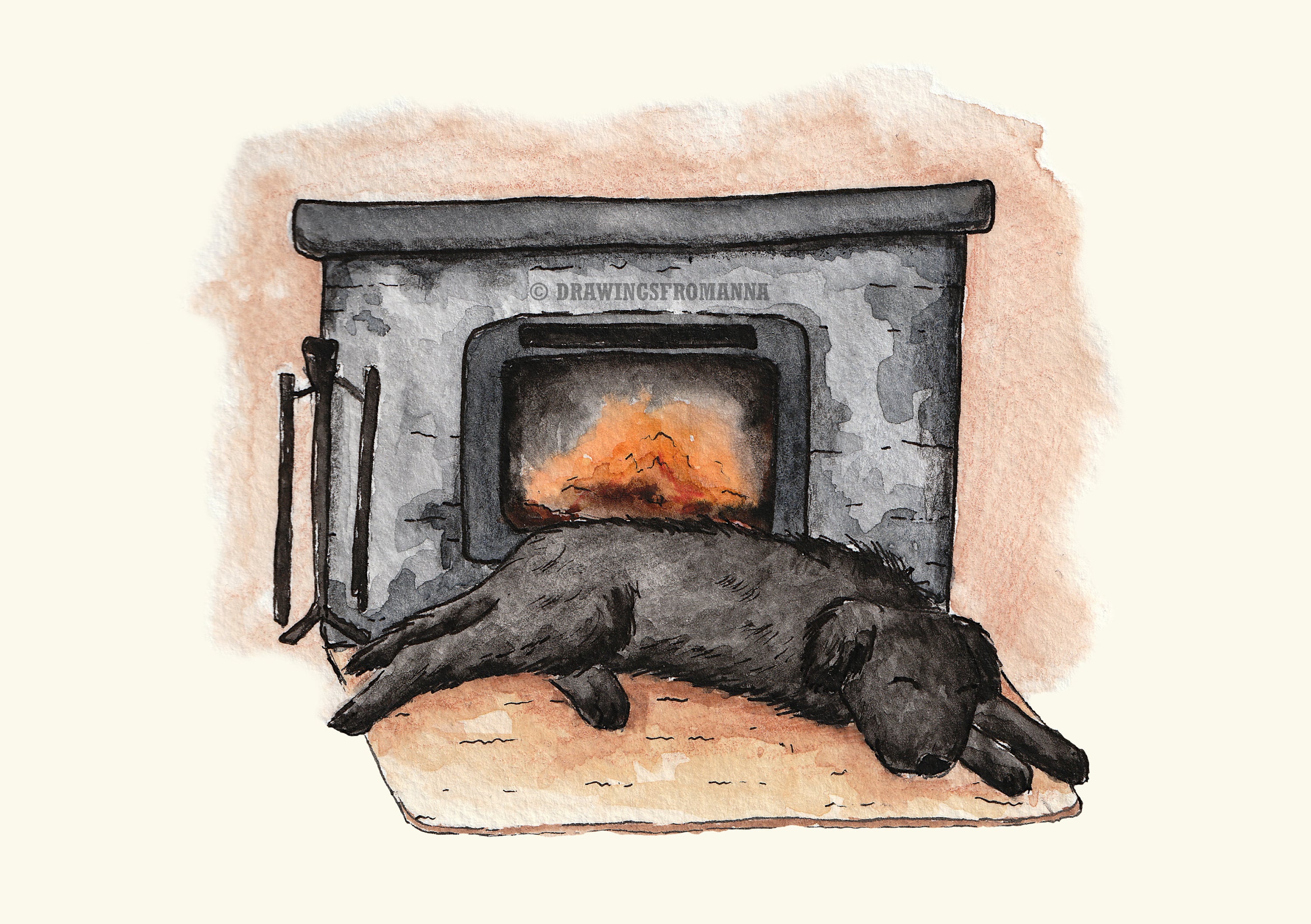 Dog Sleeping by a Cosy Cottage Fireplace - Original Illustration in ...