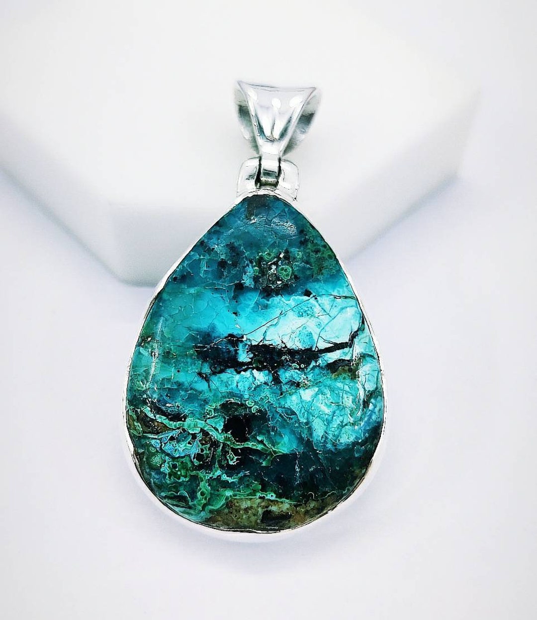 Green Azurite Sterling Silver Pendant: Raw Stone Boho Jewelry - Etsy