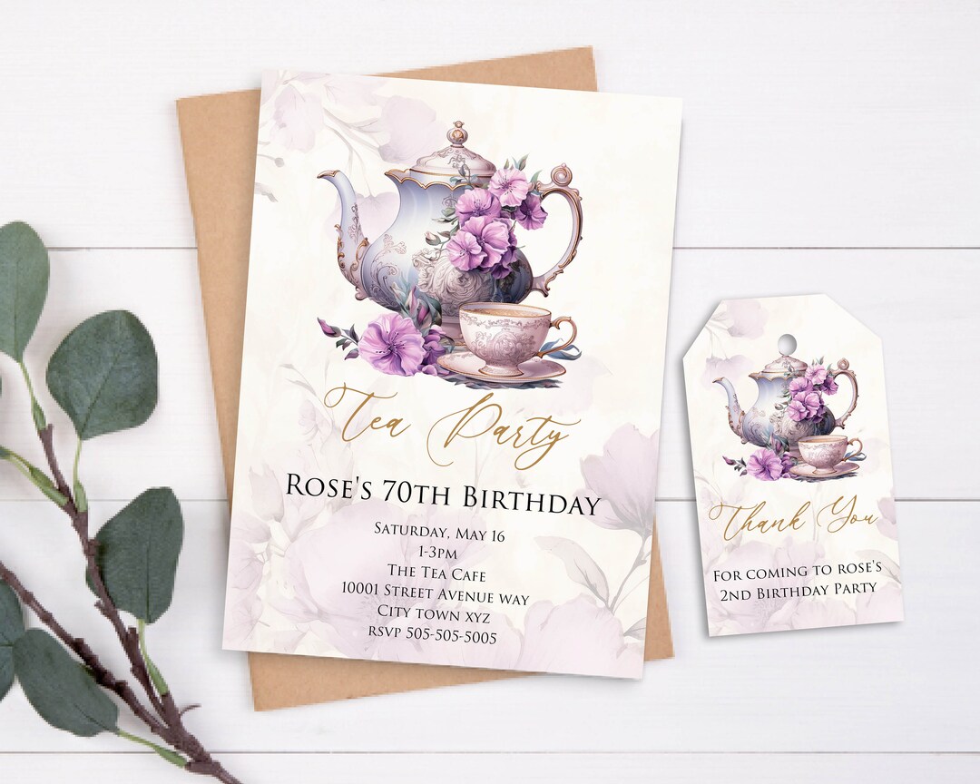 Purple Teapot Tea Party Invitation and Gift Tags, Par-tea Invite ...