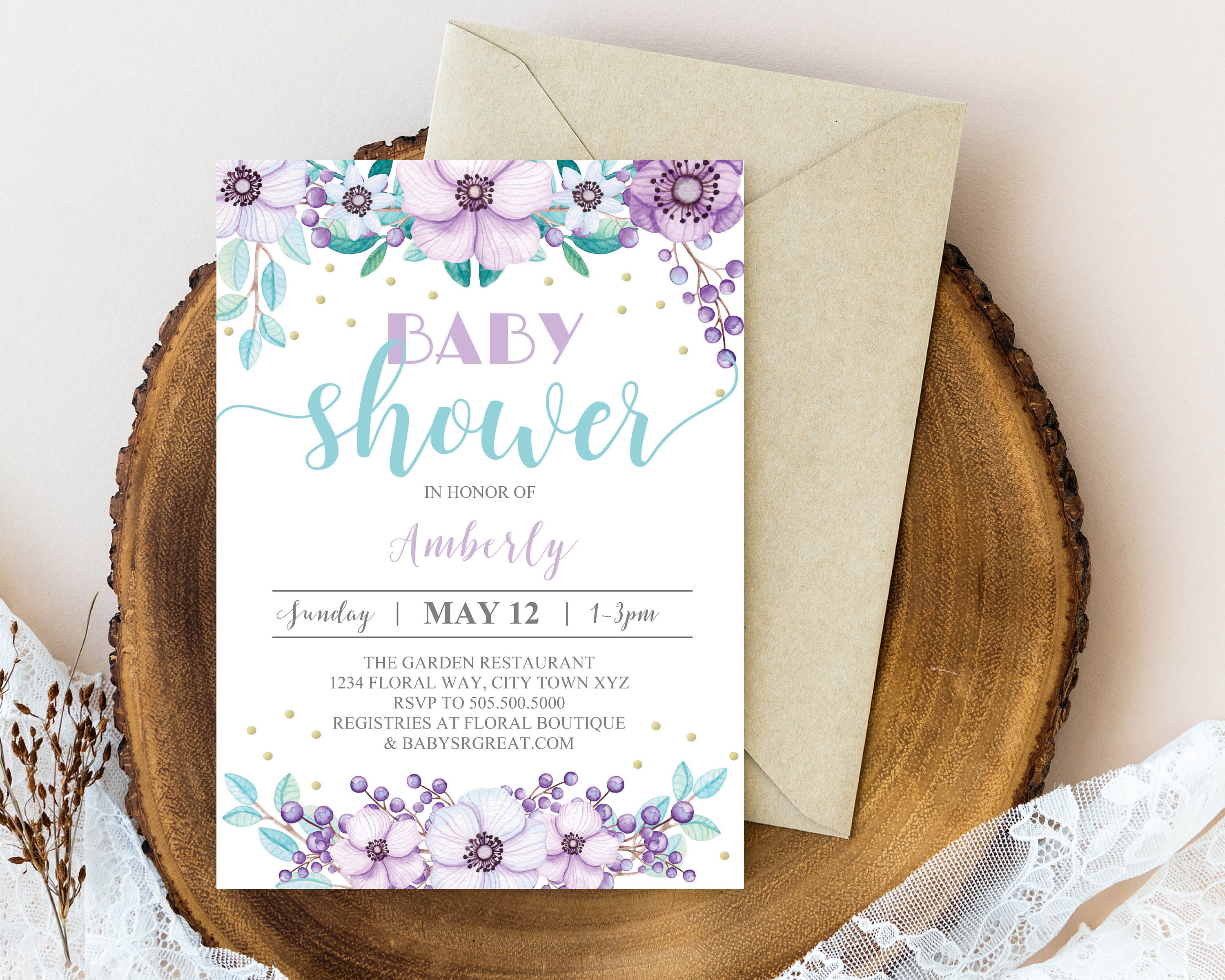 Purple Floral Baby Shower Invitation Boho Floral Girl Baby | Etsy