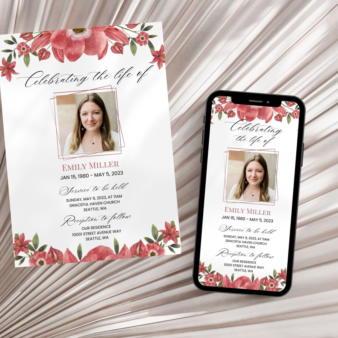 Floral Celebration of Life Invitation: Red Flowers, Editable Template ...