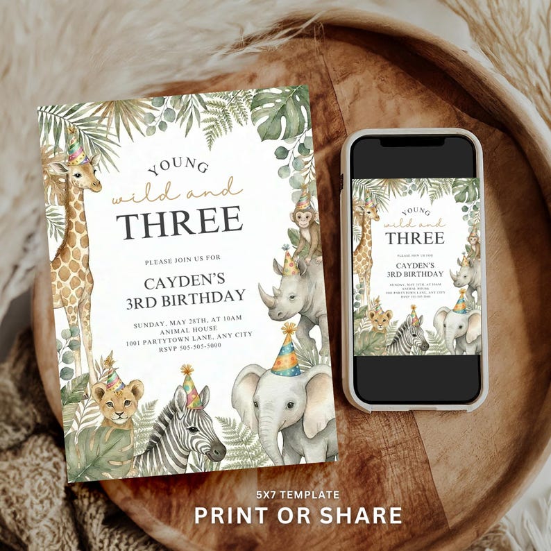 Young Wild and Three Birthday Invitation, Editable Safari Animals 3rd ...