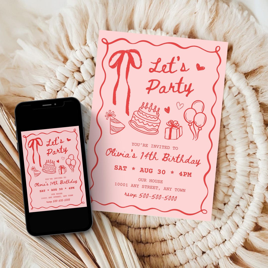 Pink Coquette Birthday Invitation: Hand-drawn Doodle, Editable Template ...