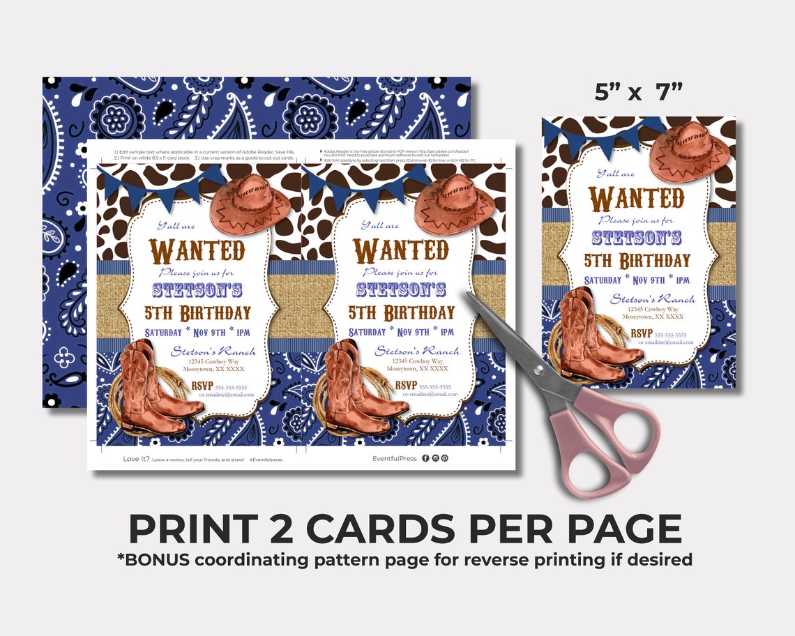 Blue Cowboy Birthday Party Invitation Rodeo Wanted Poster - Etsy