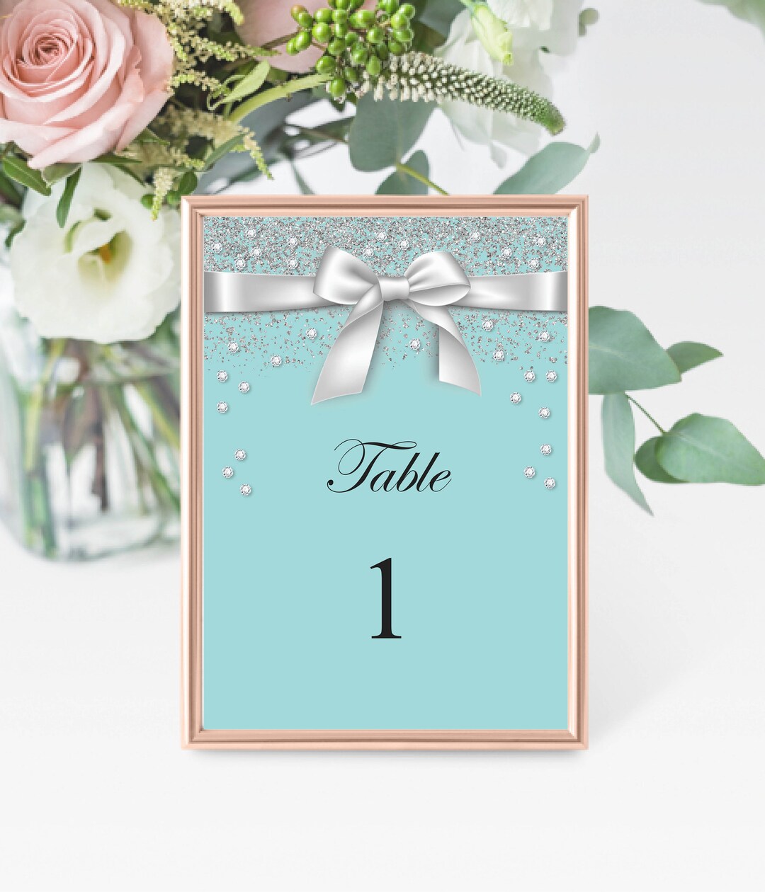 Bride & Co. Little White Bow Table Numbers, Aqua Blue, Diamonds ...