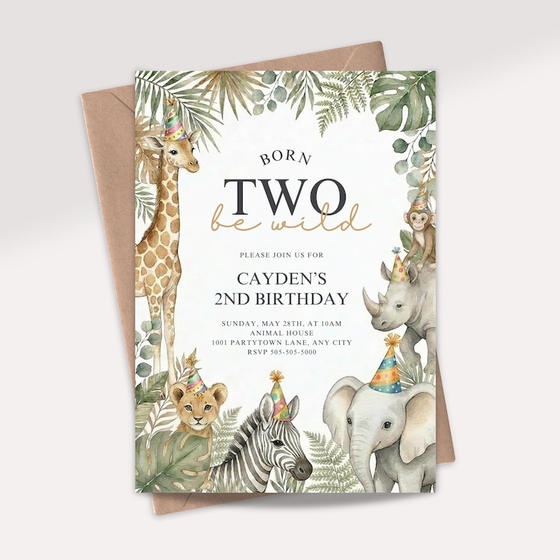 Born Two Be Wild Birthday Invitation, Editable Safari Animals 2nd ...