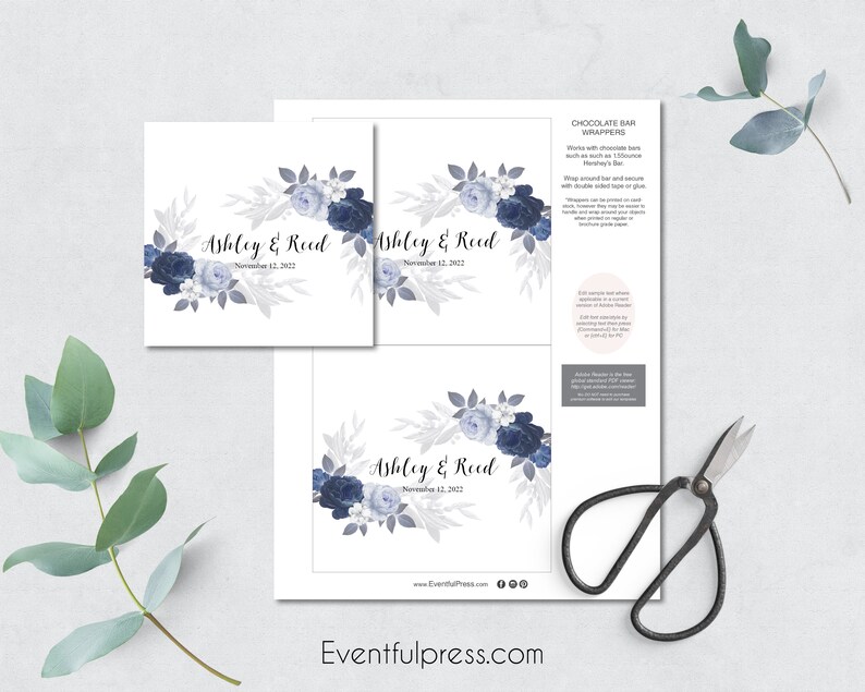 Dusty Blue Gray Floral Chocolate Bar Wrapper Printable Custom - Etsy