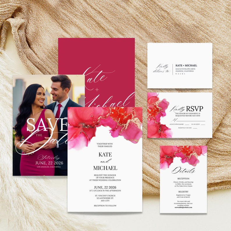 Magenta Wedding Invitation Suite: Jewel Tone Alcohol Ink Watercolor ...