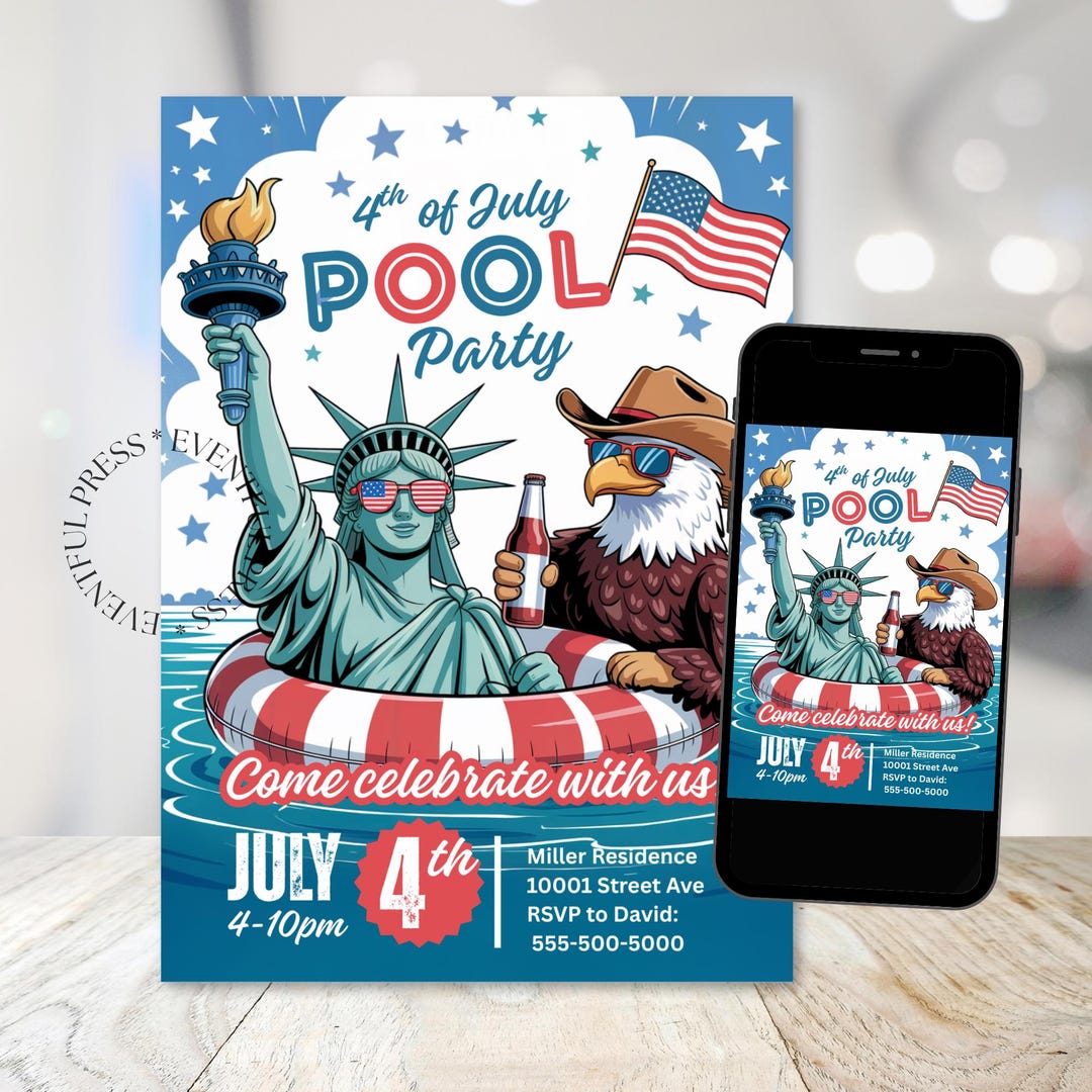 4th of July Pool Party Invitation: Patriotic Digital Template (5x7 ...