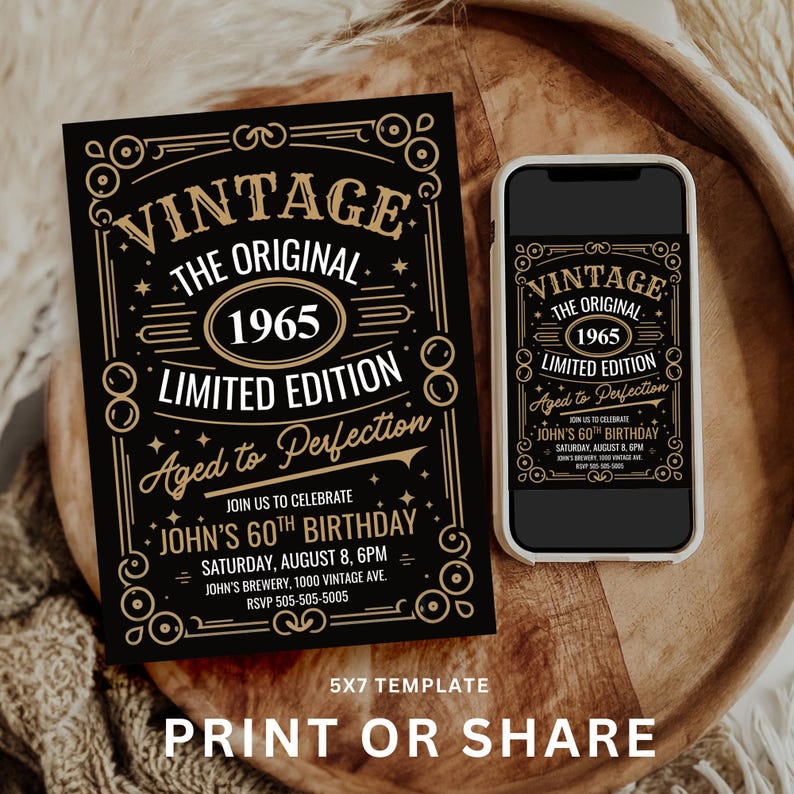 60th Birthday Invitation: Vintage Whiskey Label Party (instant Download ...