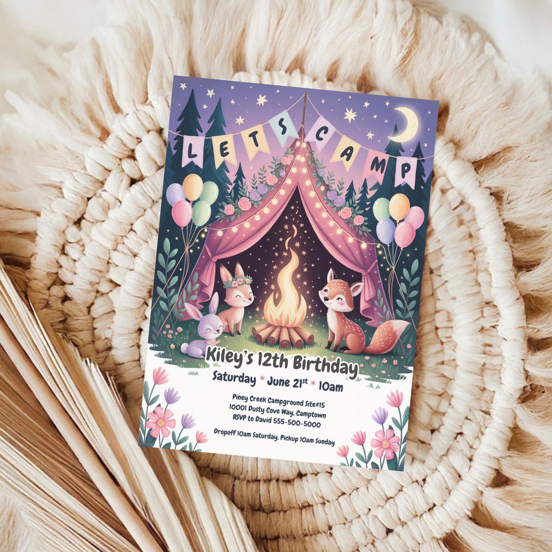Girls Camping Birthday Invitation Girly Glamping Camp Out Sleepover ...