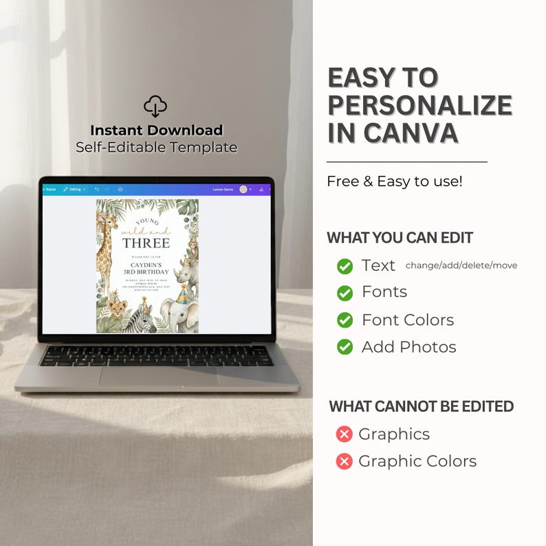 Young Wild and Three Birthday Invitation, Editable Safari Animals 3rd ...