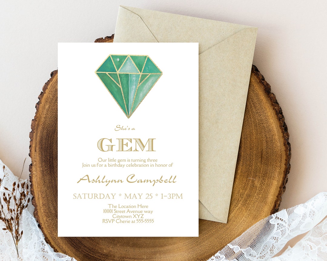 Emerald Gemstone Invitation | She's a Gem, Green, Gold, Birthday or ...