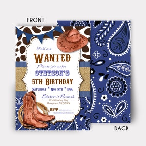 Blue Cowboy Birthday Party Invitation, Rodeo Invite, Wanted Poster ...