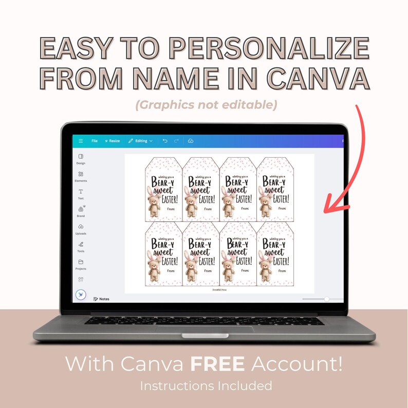 Bear-y Sweet Easter Gift Tags, Editable Funny Teddy Bear Easter Bunny ...