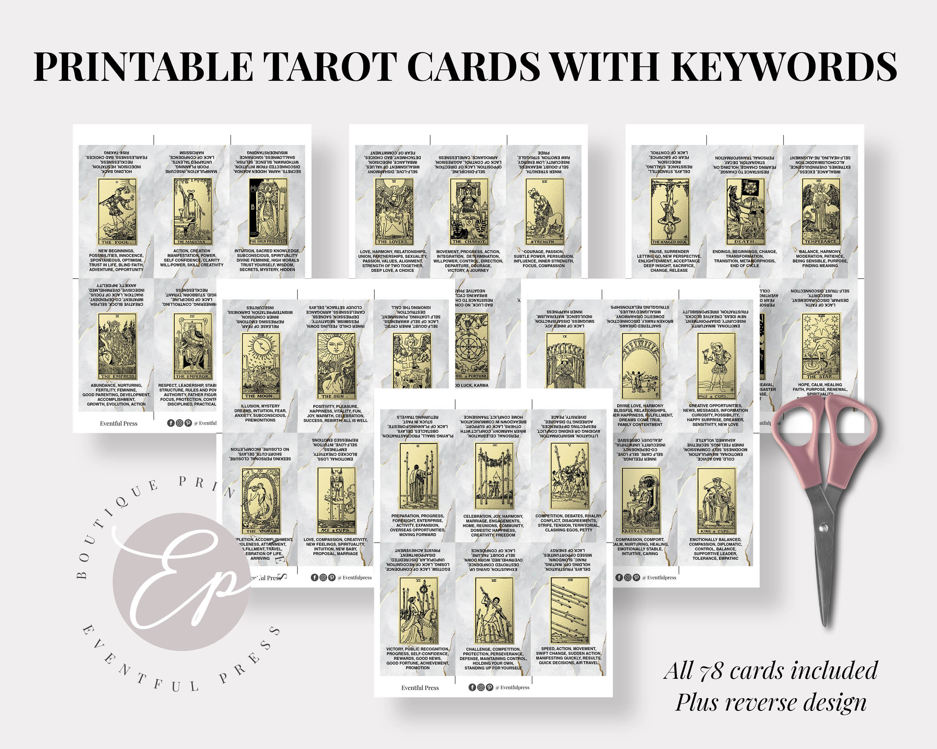 Printable Tarot Cards With Key Words Marble and Gold Tarot | Etsy