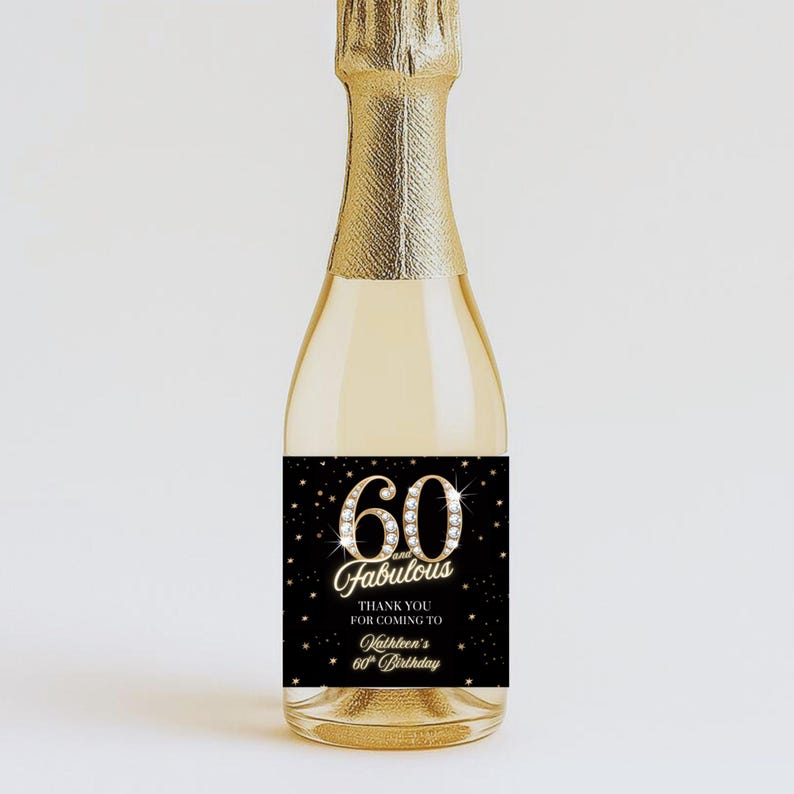 60th Birthday Champagne Labels: Black and Gold, Editable Party Favors ...