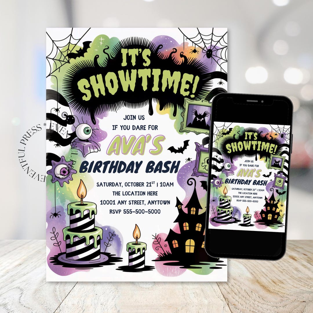 It's Showtime Halloween Birthday Invitation | Spooky Green & Purple ...