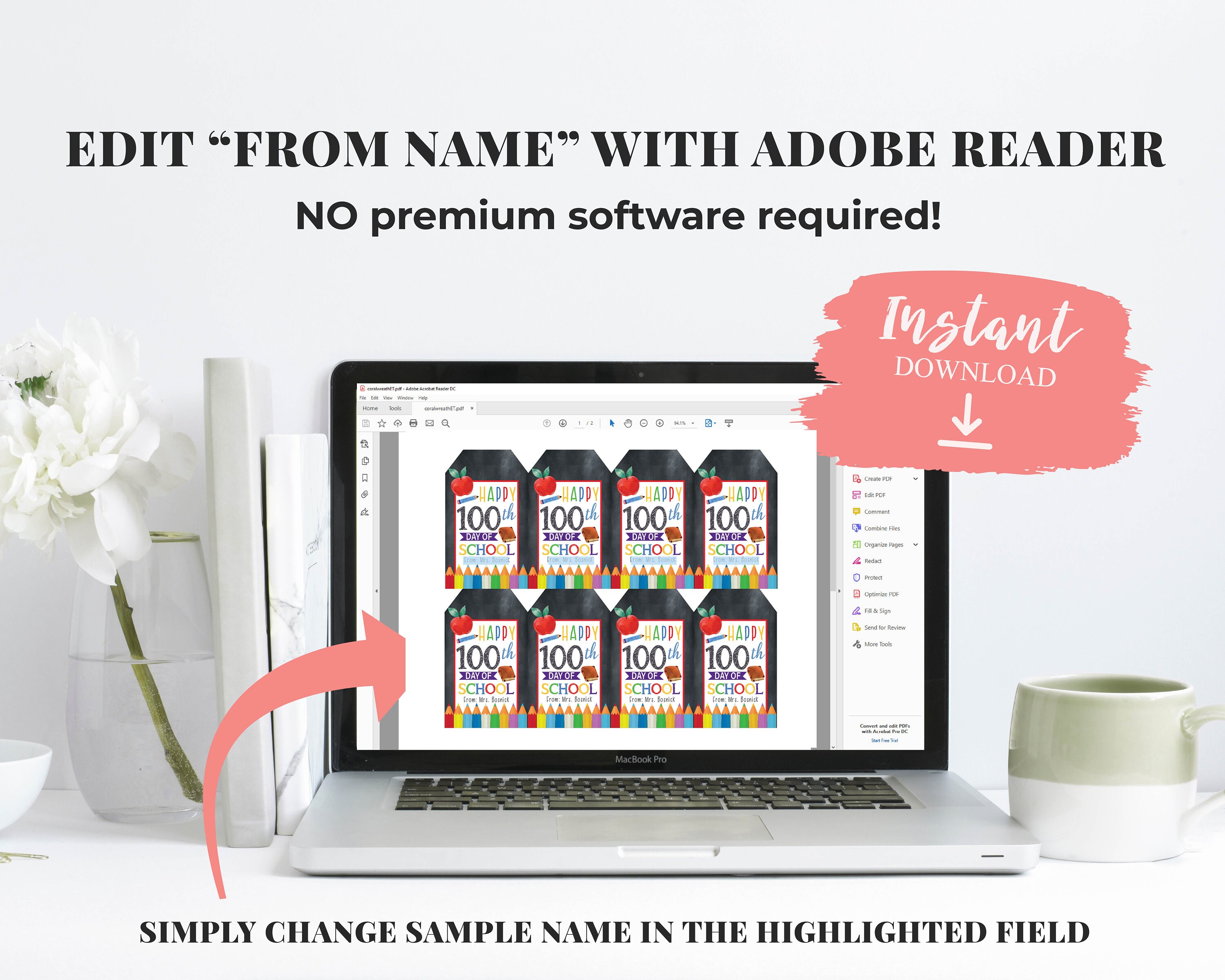 100th Day of School Printable Gift Tags Chalkboard Colored | Etsy